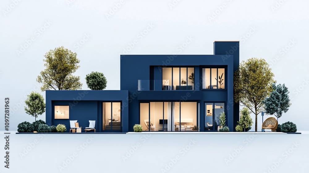 Modern blue house exterior with trees Stock Photo | Adobe Stock