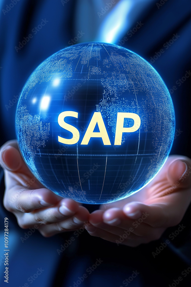 Businessperson holding glowing globe with sap logo representing global ...