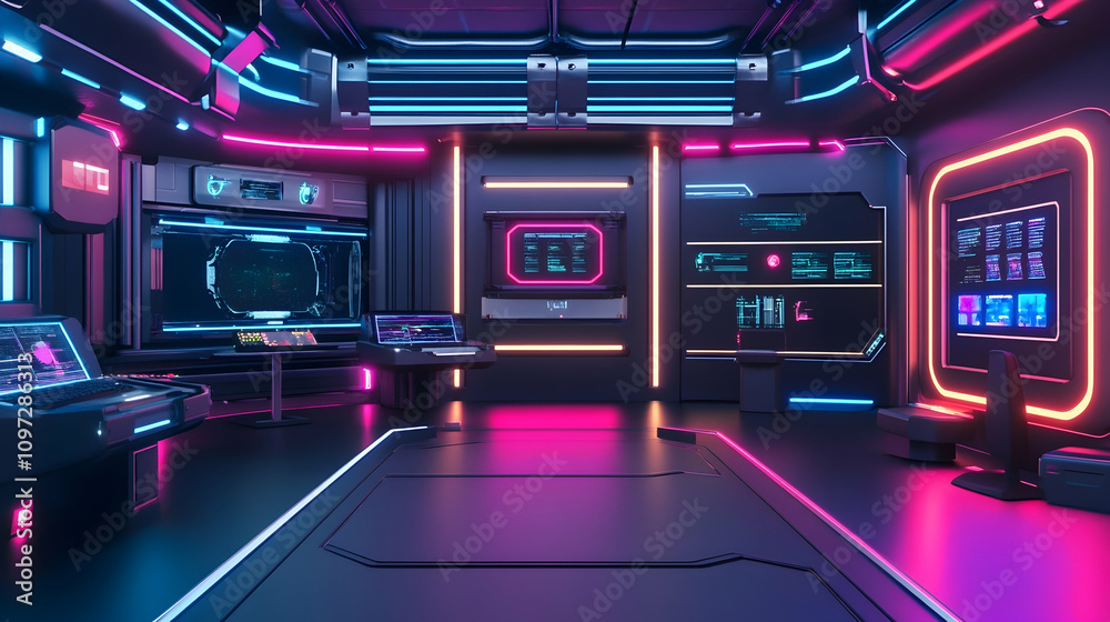 Futuristic neon-lit control room interior with advanced technology displays and consoles. Stock ...