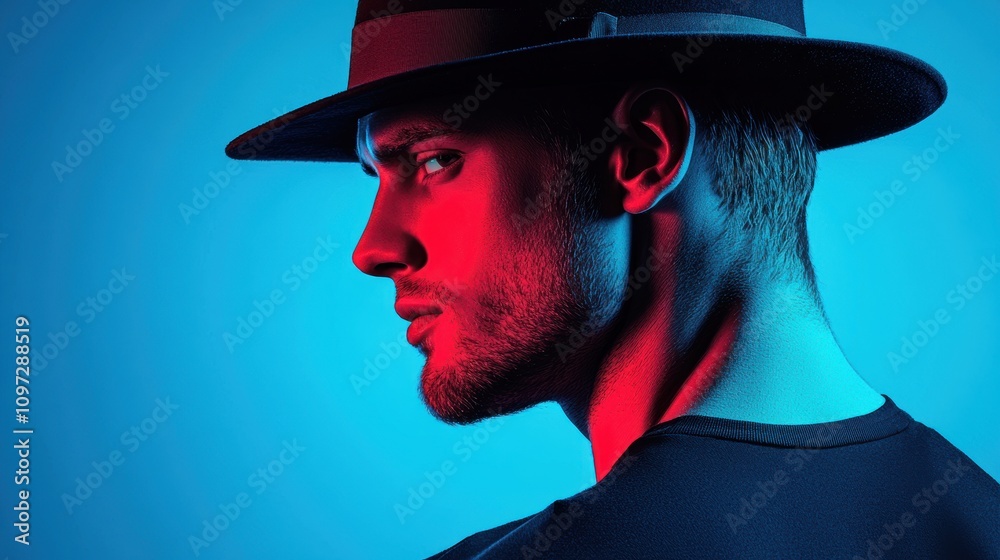 A man wearing a fedora, his face obscured in shadow, with a single neon ...