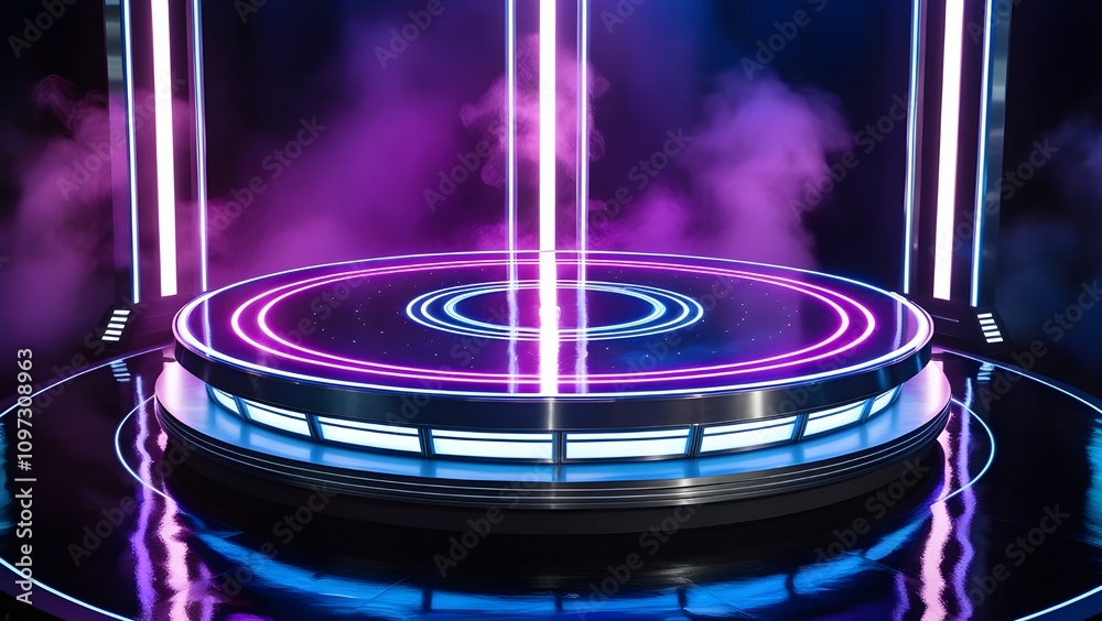 circular platform with neon lights on a dark backdrop. From the ...