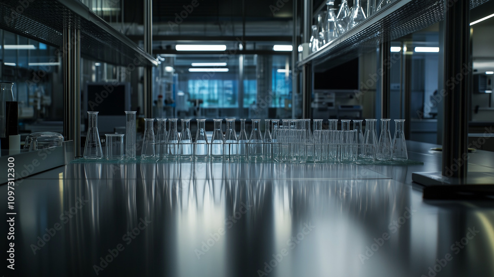 Empty research laboratory with sterile white walls and stainless steel ...