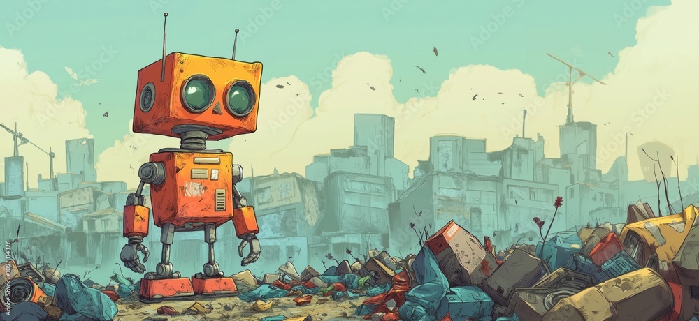 Robot in urban wasteland, standing amidst trash and debris, city ...