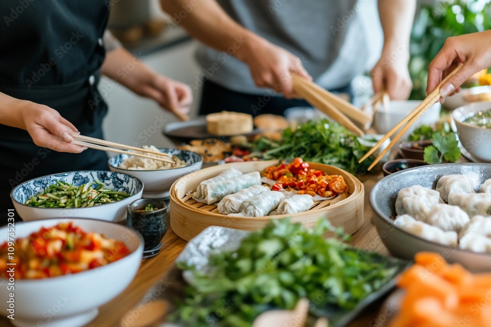 People using chopsticks to serve and eat Asian food from a buffet table ...