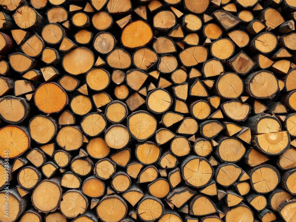 Cross section of timber cut trees firewood stack background with close ...