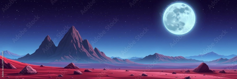 Desert landscape of mars surface at night with red ground, sand stones ...