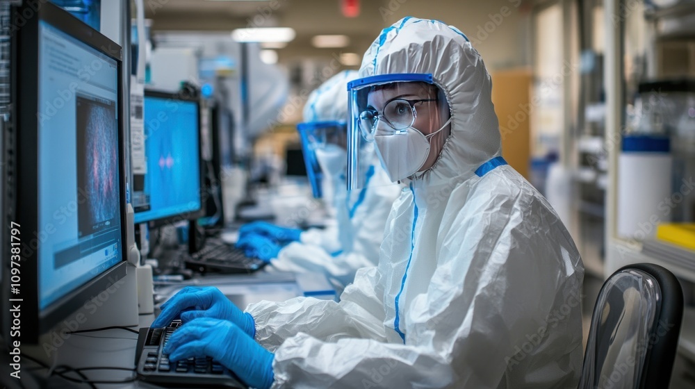Biologists in protective suits study cell division on a computer ...
