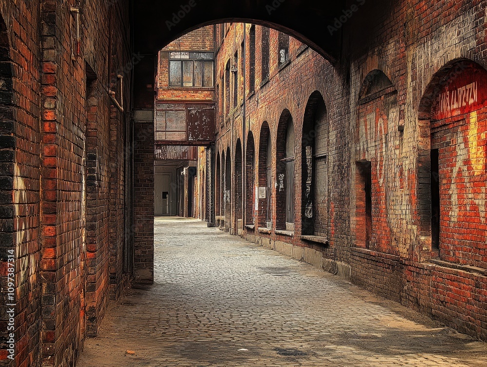 Exploring a Historic Brick Warehouse with Arched Windows in an Urban ...