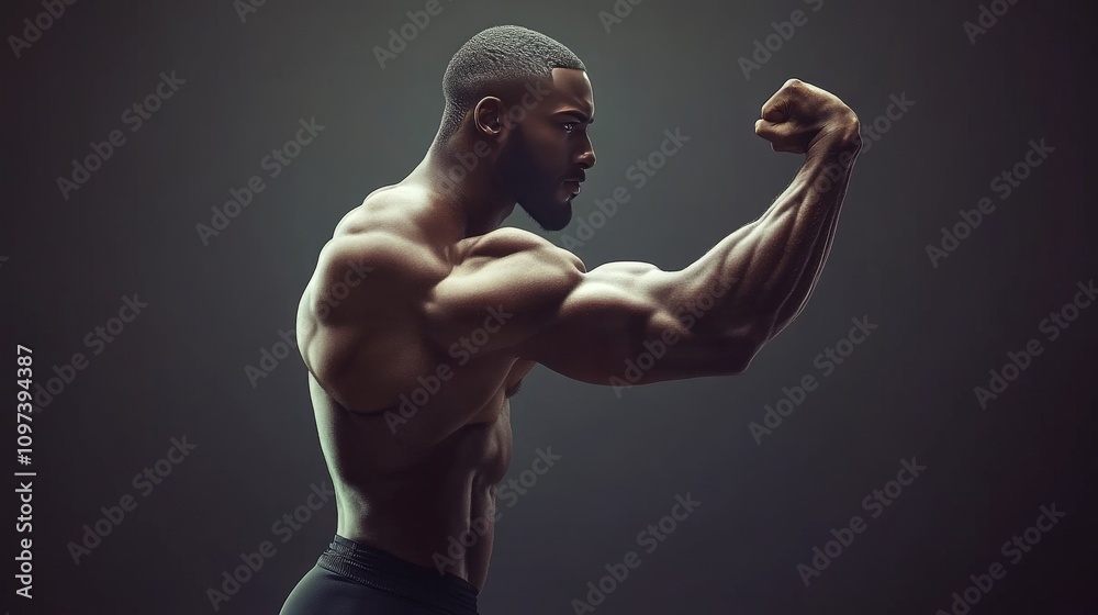 Side view of a muscular male flexing his arm in dramatic lighting ...