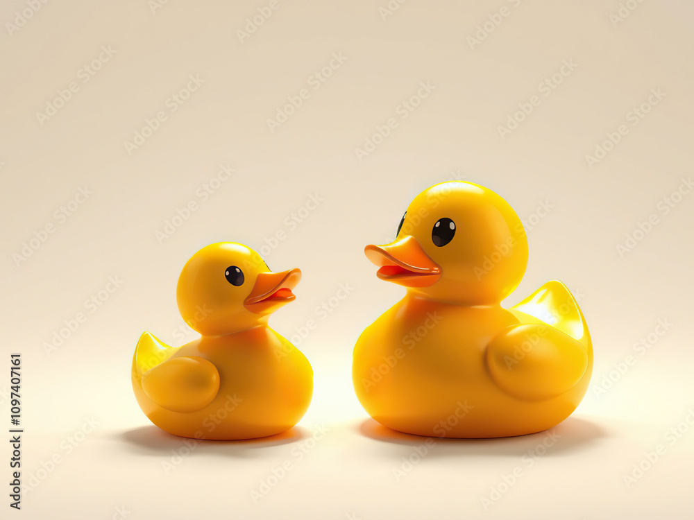 Set of rubber duck and mini ducky in bright yellow color scheme, kids ...