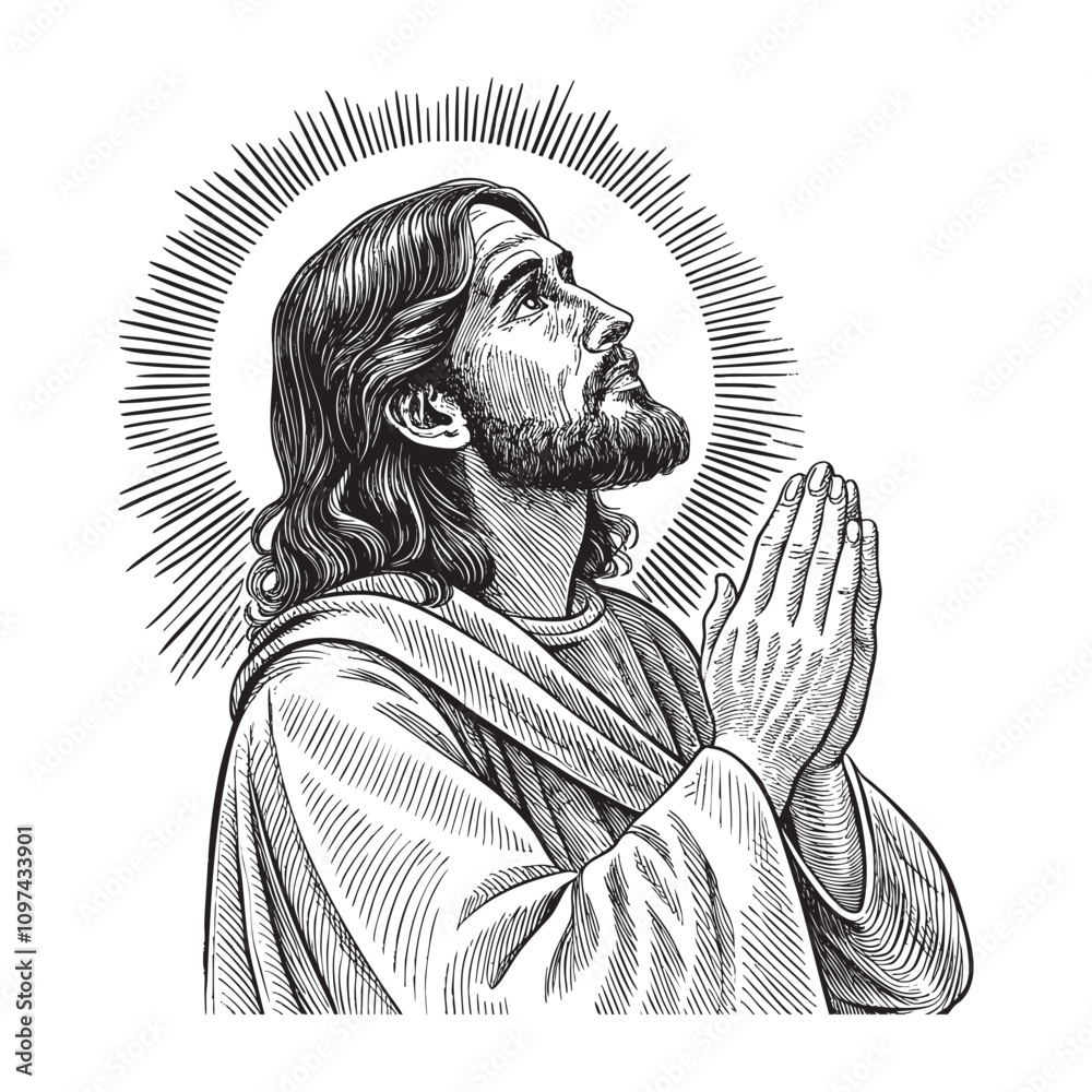 jesus christ praying sketch hand drawn drawing vector illustration ...