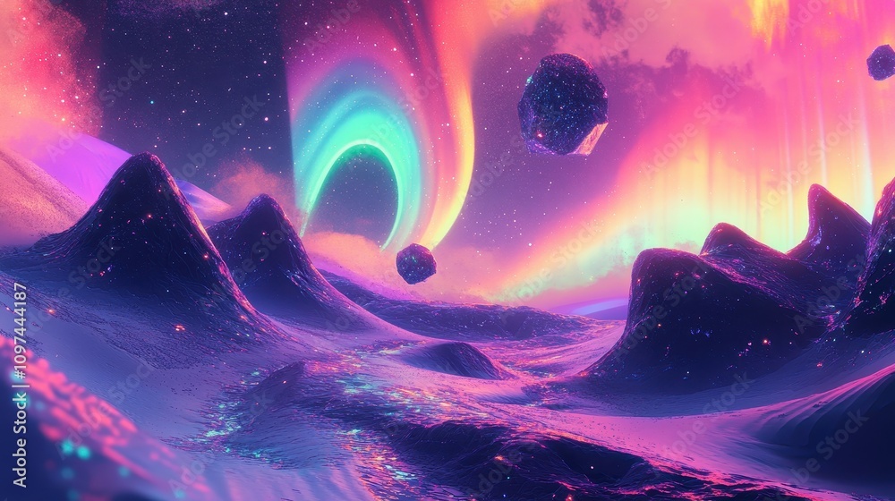 Surreal Alien Landscape Vibrant Pink and Purple Aurora Borealis with ...