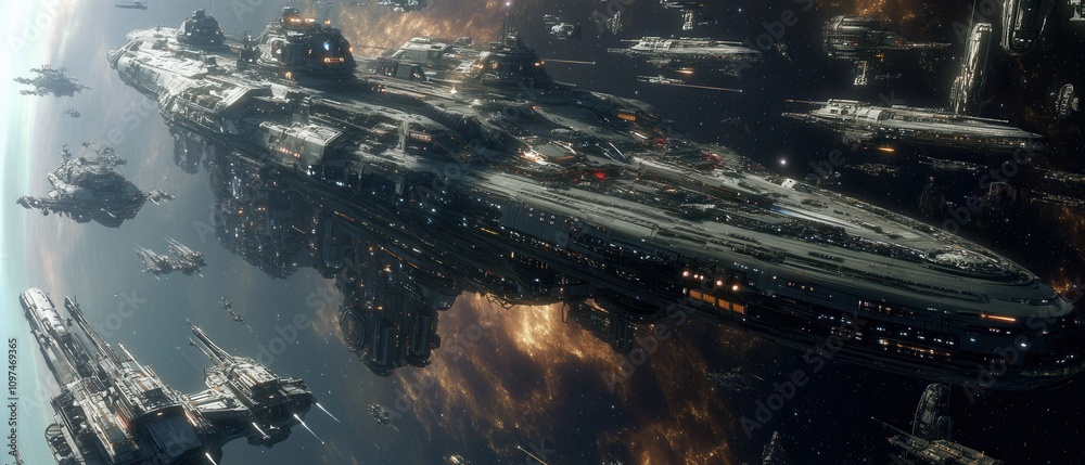 Epic Sci-Fi Space Fleet Massive Battleship with Escort Ships in Deep ...