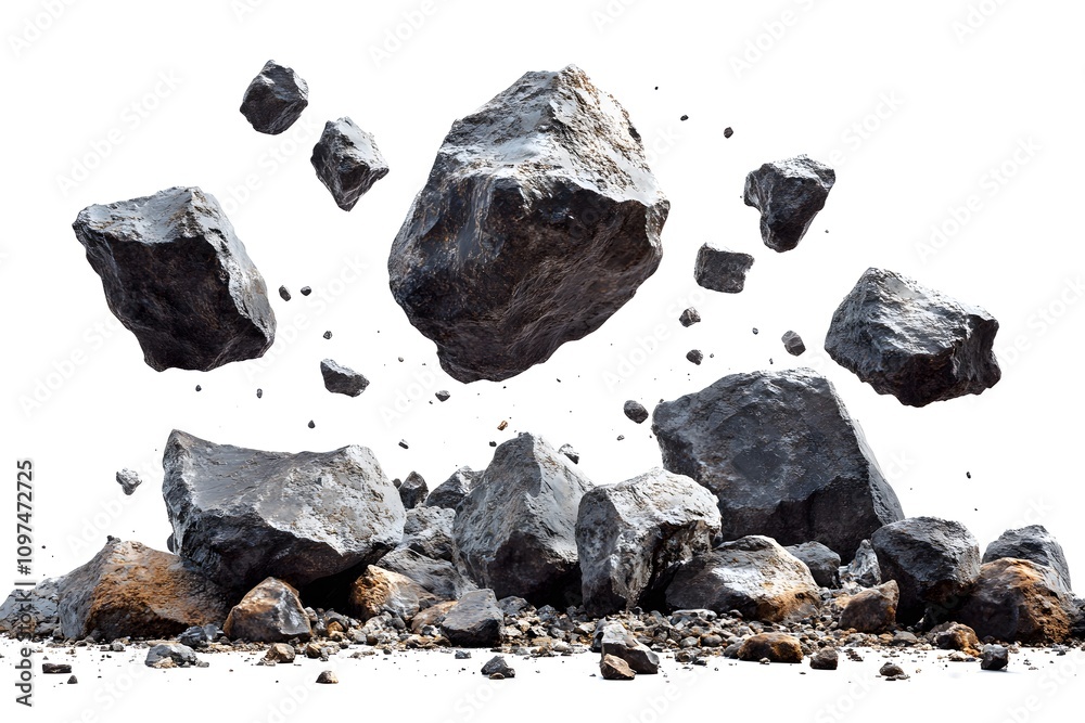 Flying shattered rocks and debris in mid-air, broken stone fragments ...