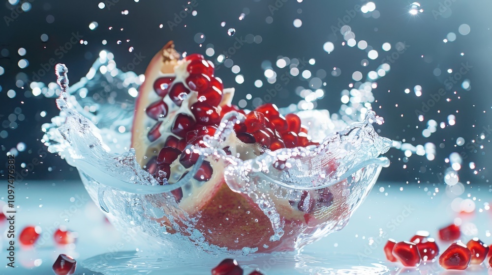 Pomegranate splitting open revealing jewellike seeds in water splash ...