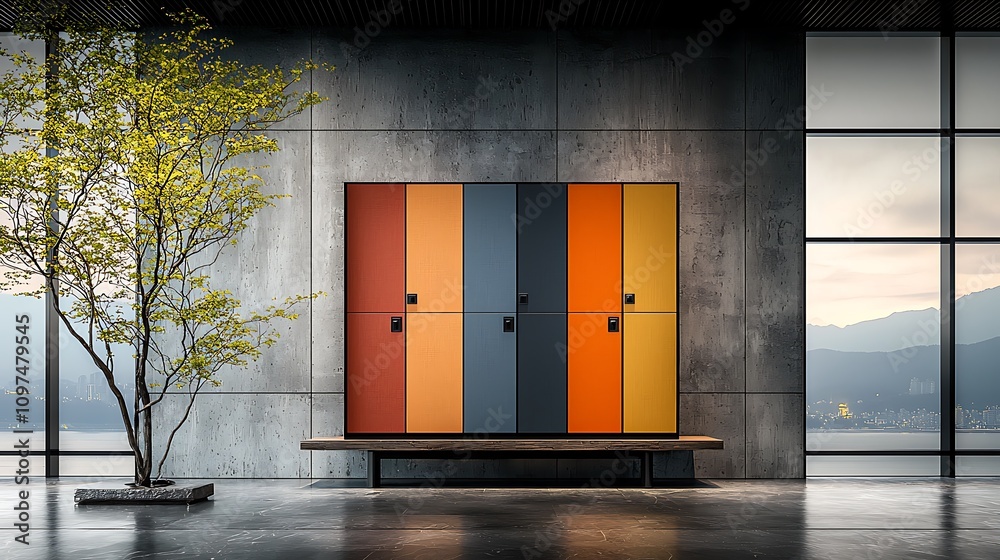 Stock-Foto „Compact travel locker in a vibrant color, shown in a hotel ...