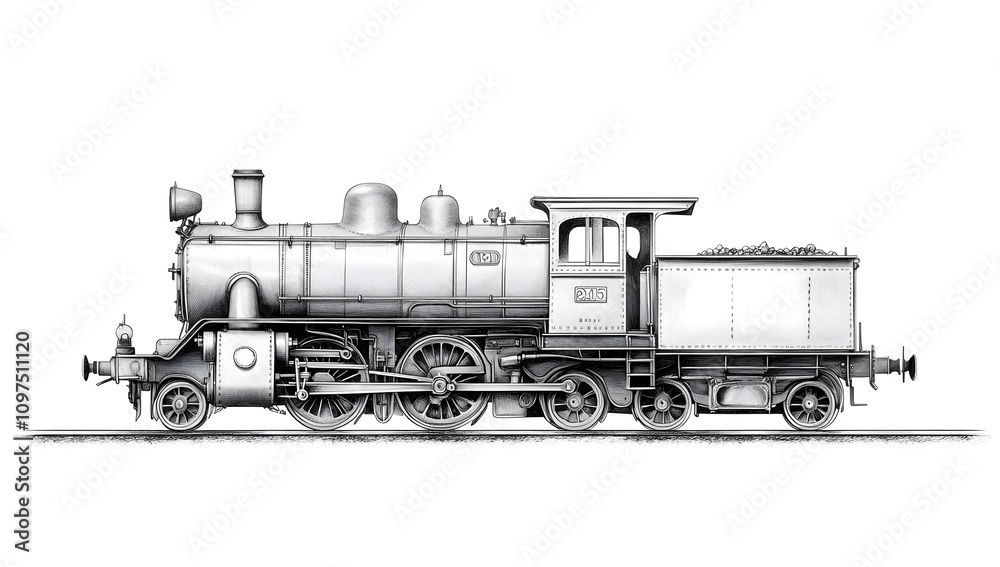 Vintage steam locomotive vector illustration, engraved and hand-drawn. Old train, pencil drawing ...