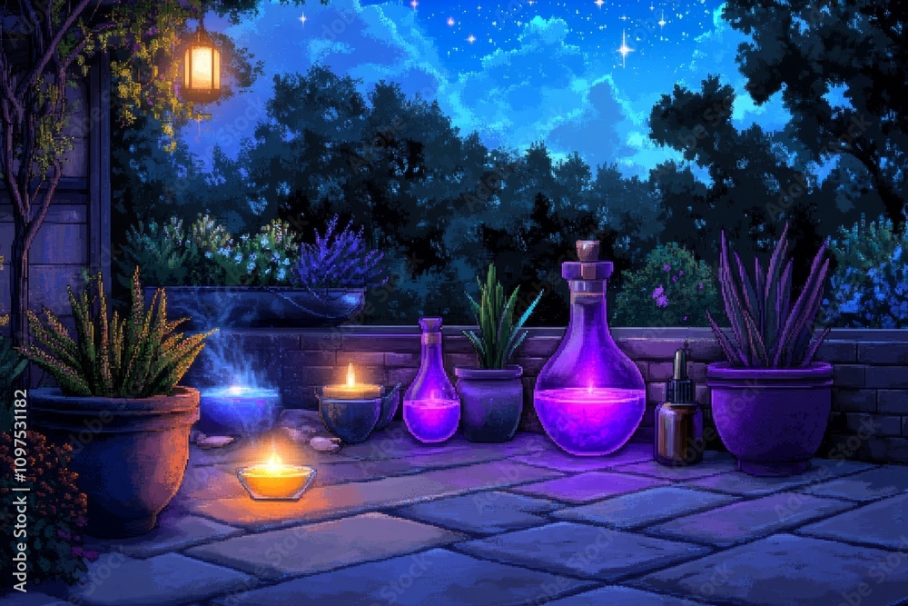 A pixel art depiction of an Ayurvedic massage scene with vibrant herbal ...