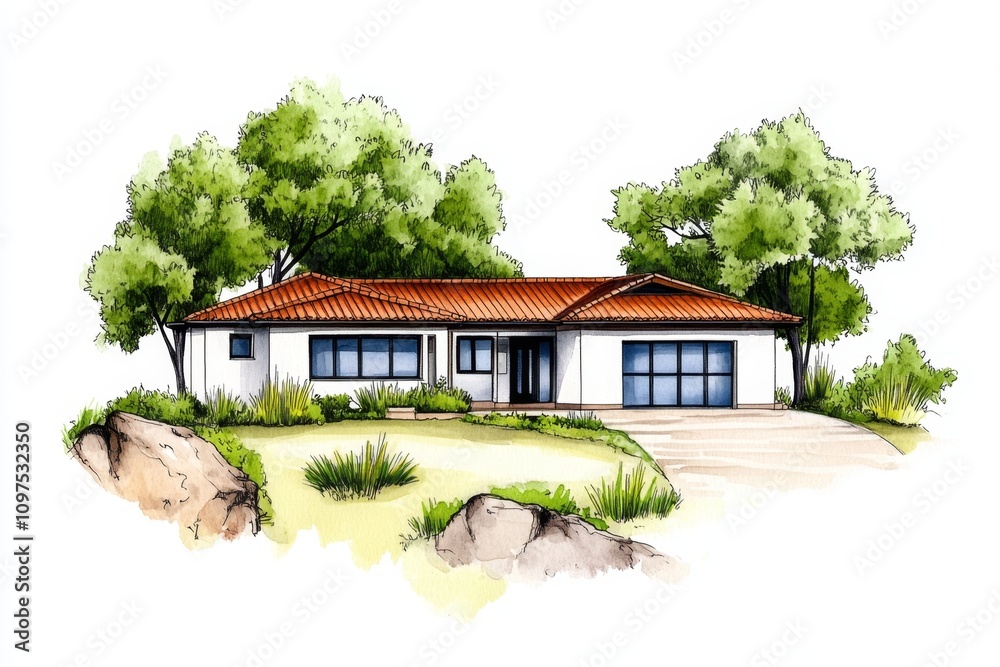 Simplified 2D elevation drawing of a house, with color-coded sections ...