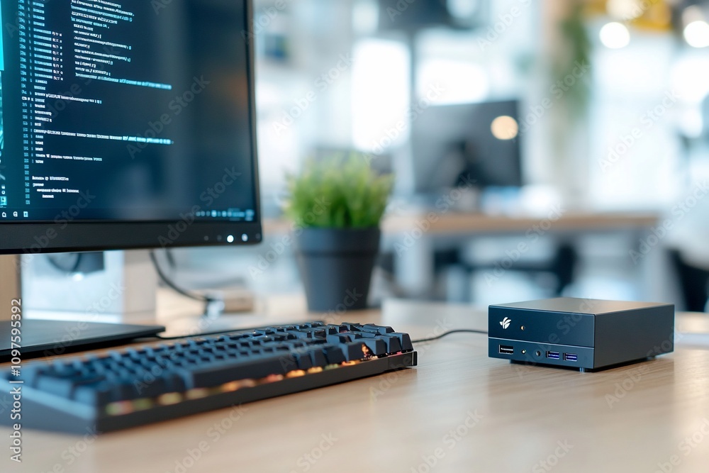 Modern Workspace With Mini Pc Keyboard Monitor Displaying Code Stock Illustration Adobe Stock