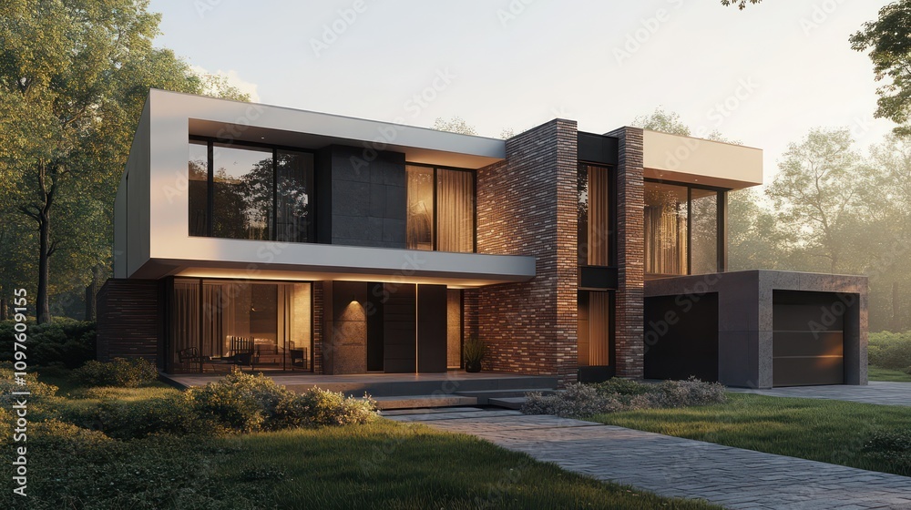 modern villa with variegated brick siding, under the crisp light of a ...