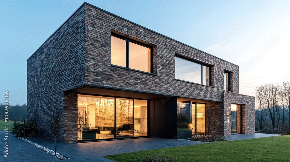 modern villa with variegated brick siding, under the crisp light of a ...