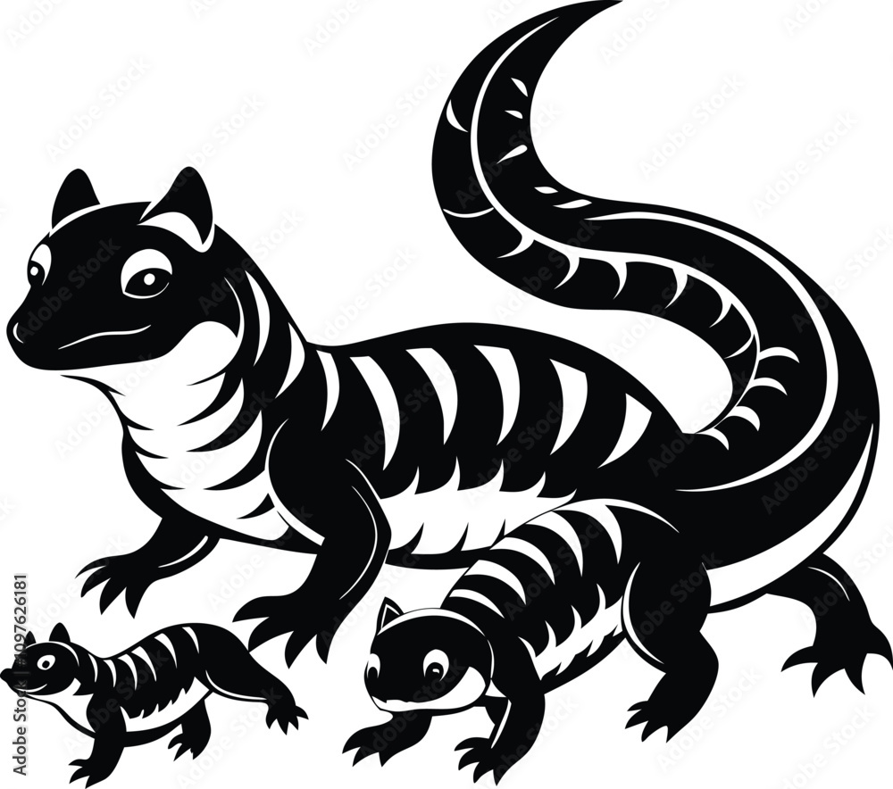 Black and White Cartoon Illustration of a Tiger Salamander Family ...