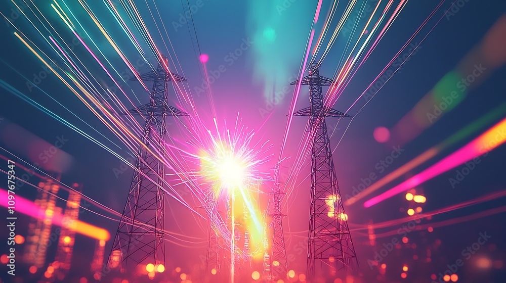Glowing high voltage electric transmission towers with colorful ...