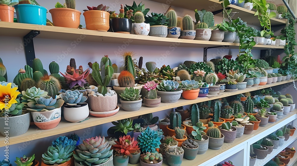 different types of cacti and succulents in pots on the shelves in a ...