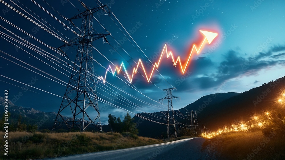 Radiant electricity transmission towers with glowing power lines and a ...