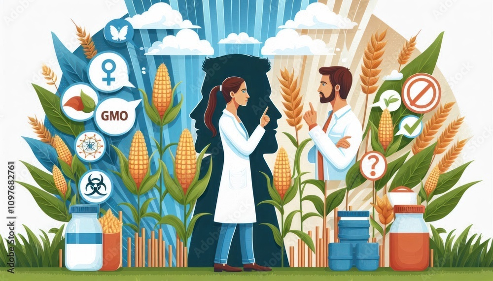 Vector illustration of a debate between a scientist and organic farmer, highlighting the ...