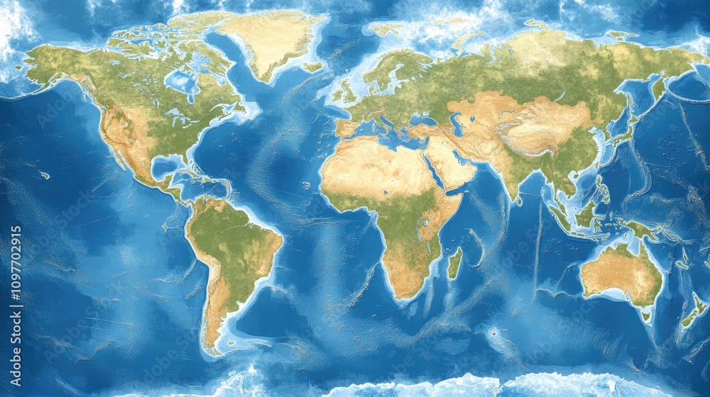 Detailed physical map of the world showcasing continents, oceans, and ...