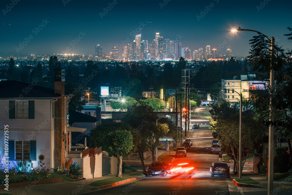 City of Los Angeles skyline at night, picturing local street traffic ...