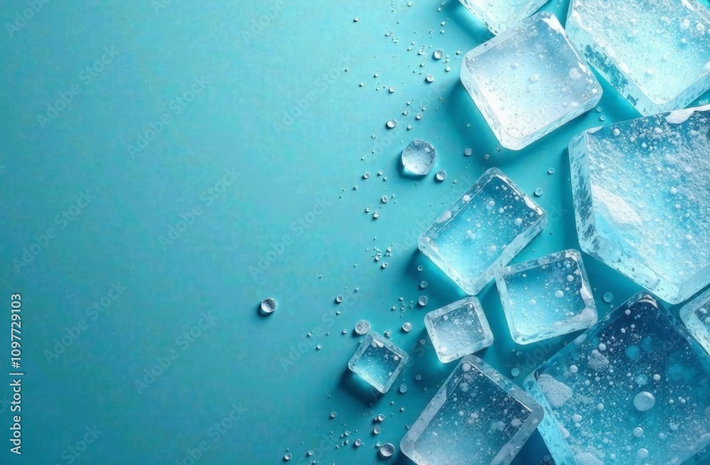 Close-up of melting square ice cubes with water droplets scattered on a ...