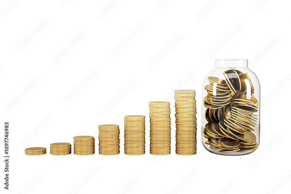 Stacks of golden coins gradually increasing in height placed next to a ...