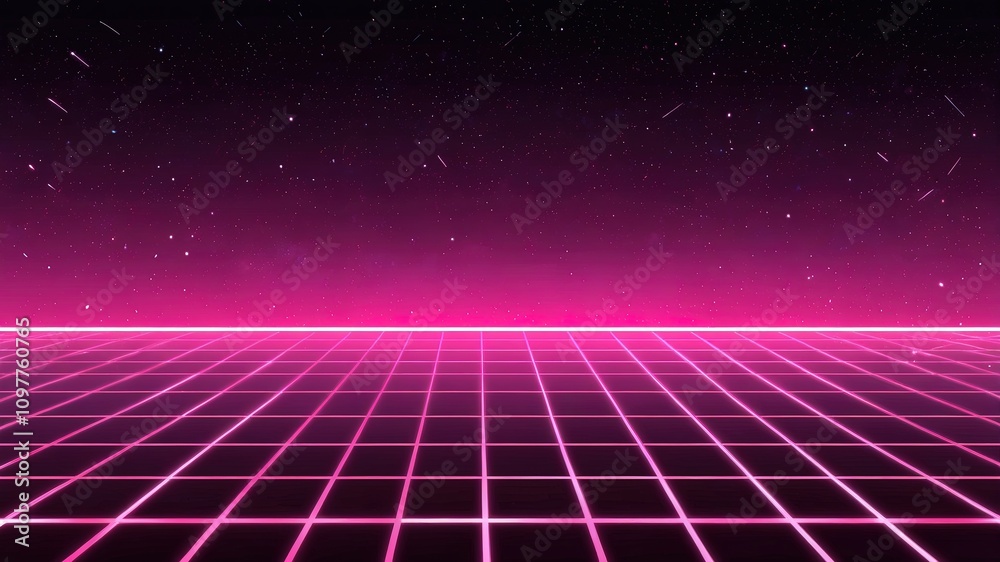 Synthwave grid. 80s pink neon. Retro futuristic background. Dark sky with stars. Empty vector ...