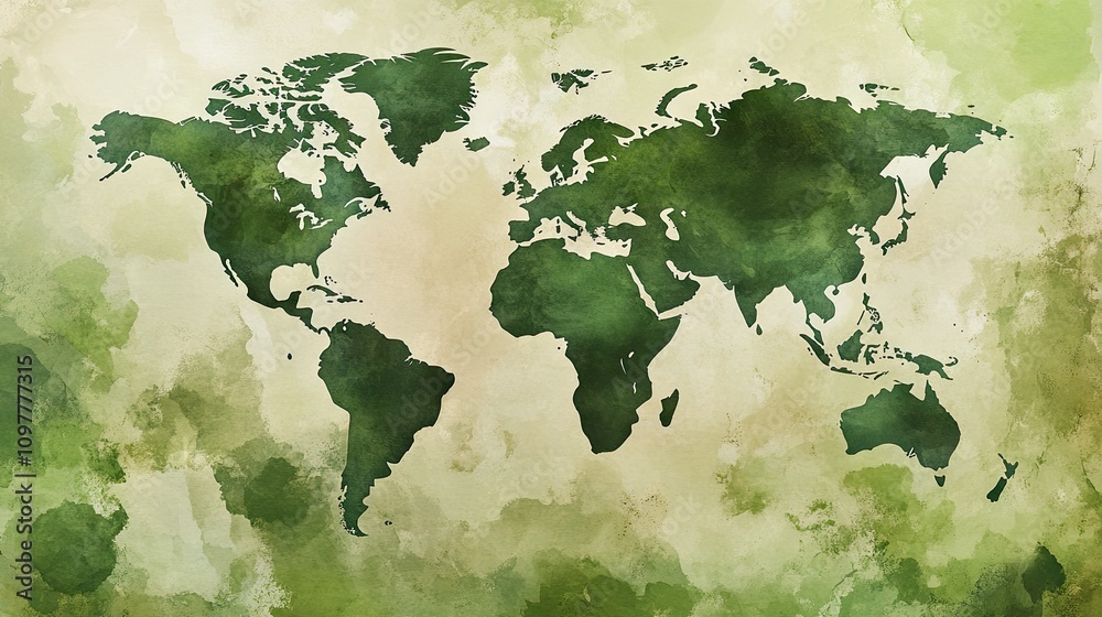 Artistic watercolor world map in various shades of green, symbolizing ...
