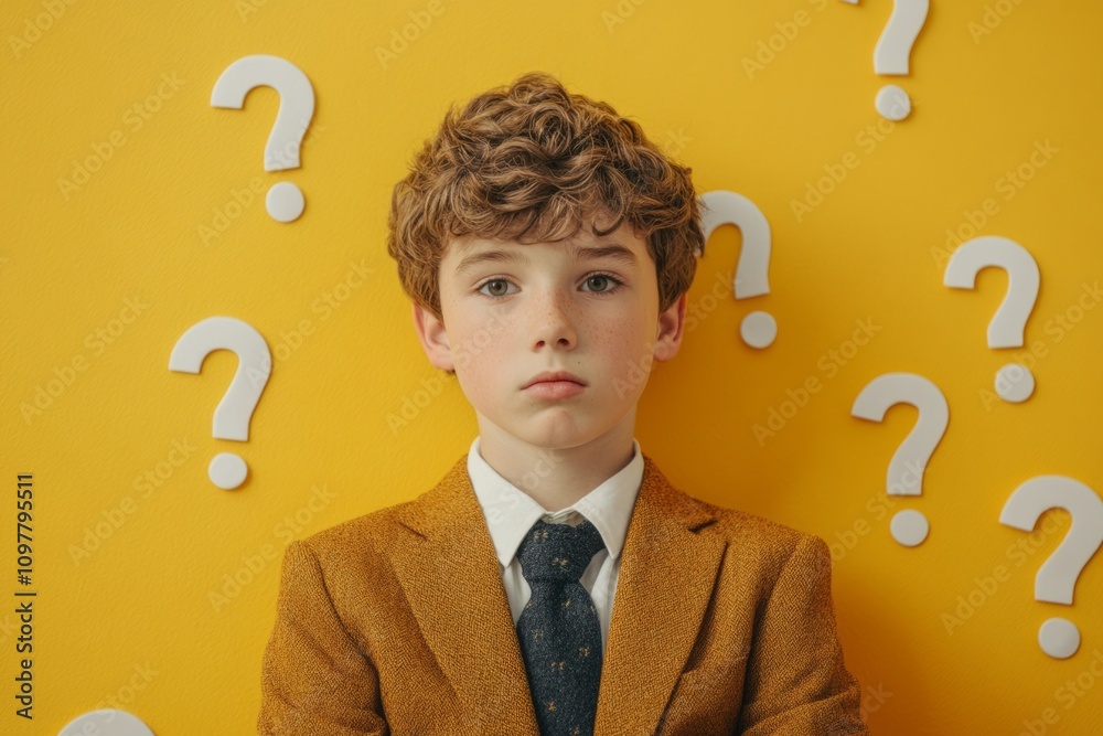 Pensive child entrepreneur posing near question marks on a vibrant ...