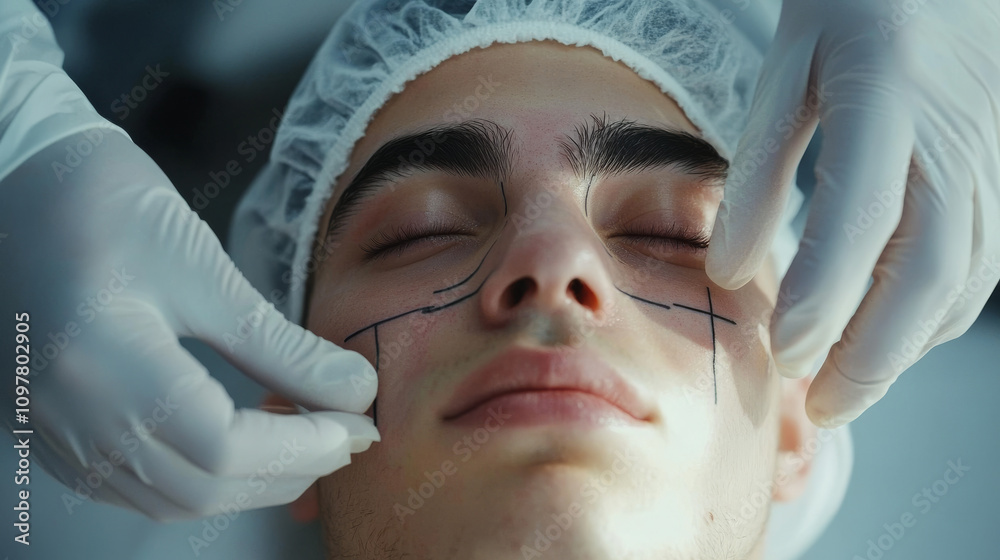 Before nose surgery, the doctor is marking the nose to plan how to ...