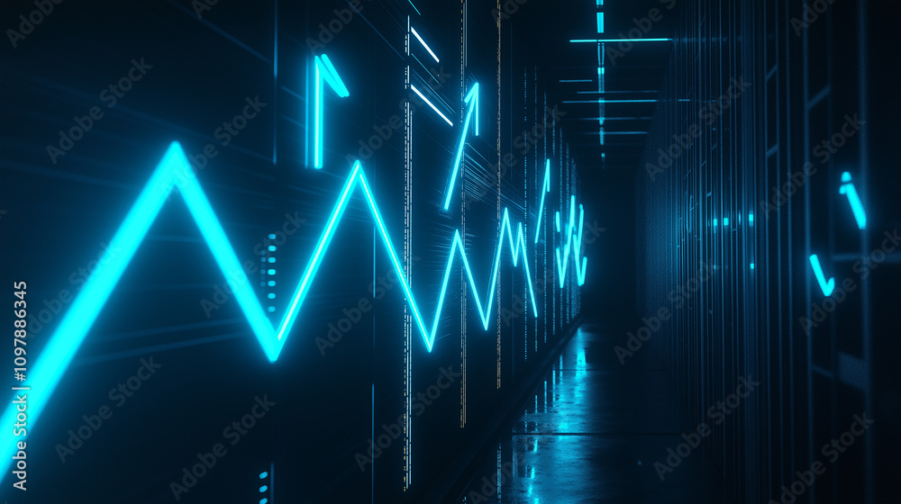 Minimalist line graph with arrows pointing upward and downward in neon ...