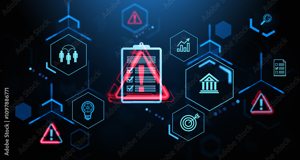 Digital risk management concept with warning symbols and checklists ...