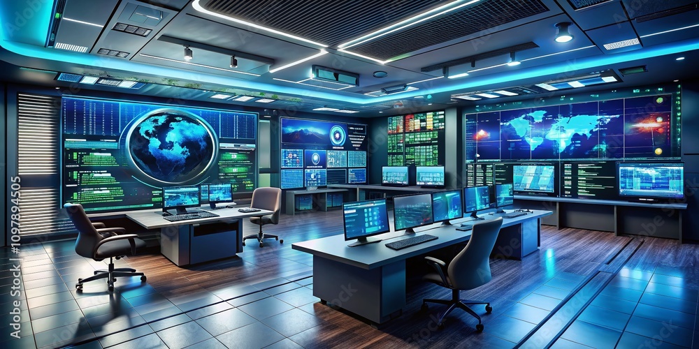 High-Tech Cybersecurity Command Center Interior Featuring Futuristic ...
