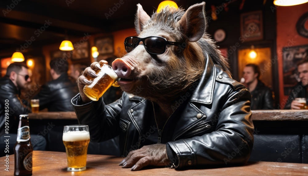portrait illustration of a humanoid boar wearing sunglasses and black ...