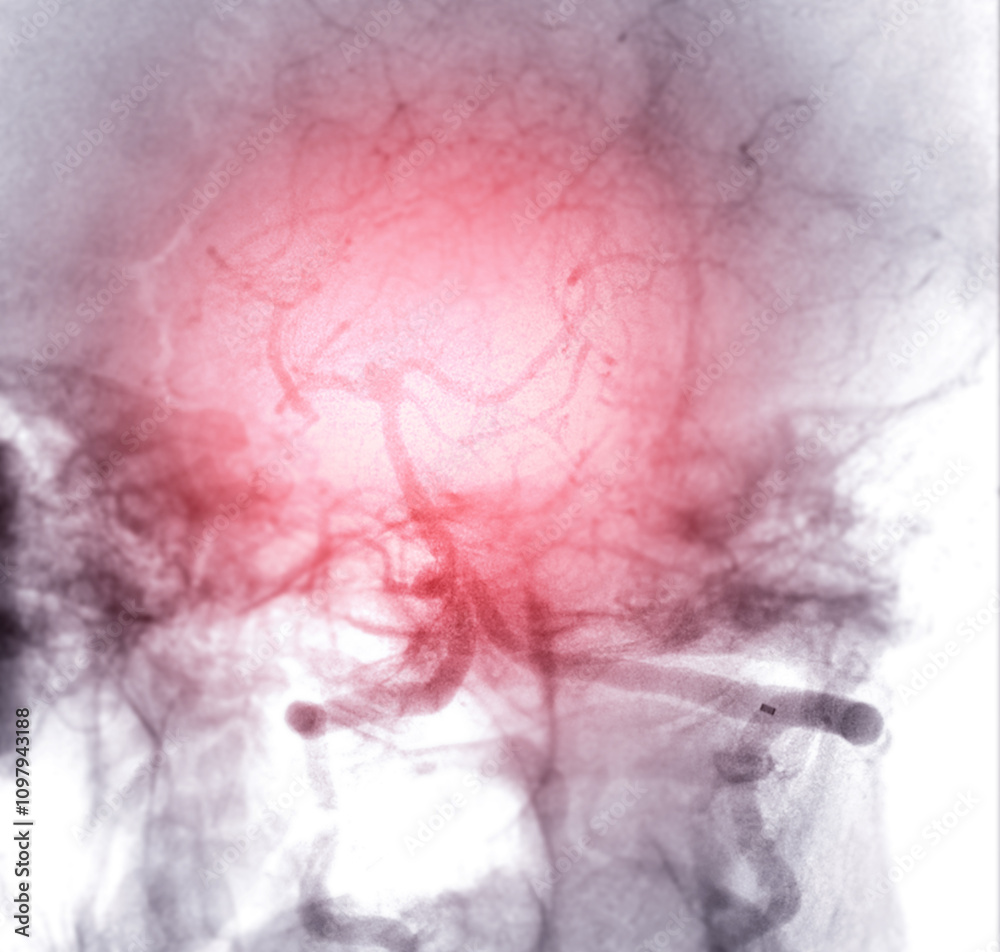 This striking image of a cerebral angiogram highlights the brain's ...