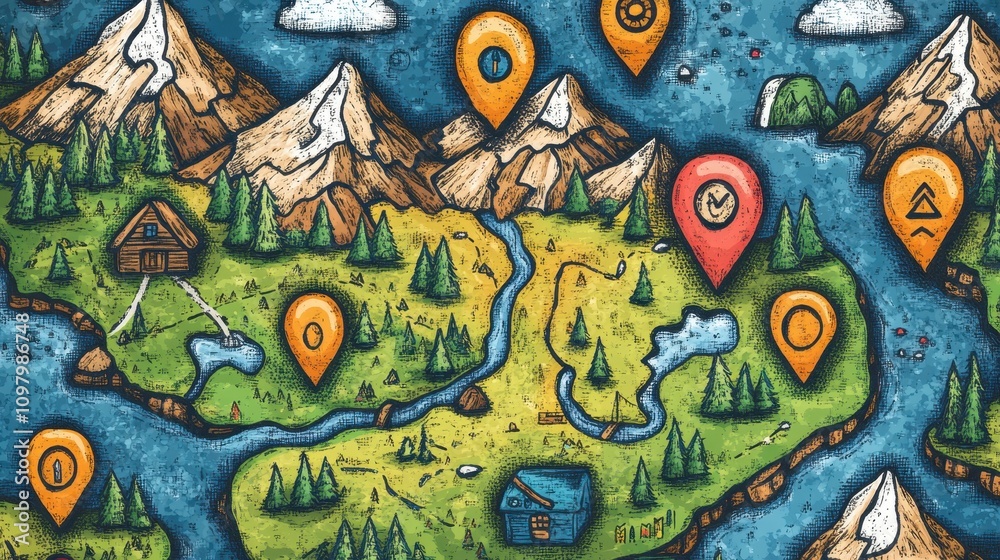 Playful Cartoon Map of Mountains and Forests Stock Illustration | Adobe ...