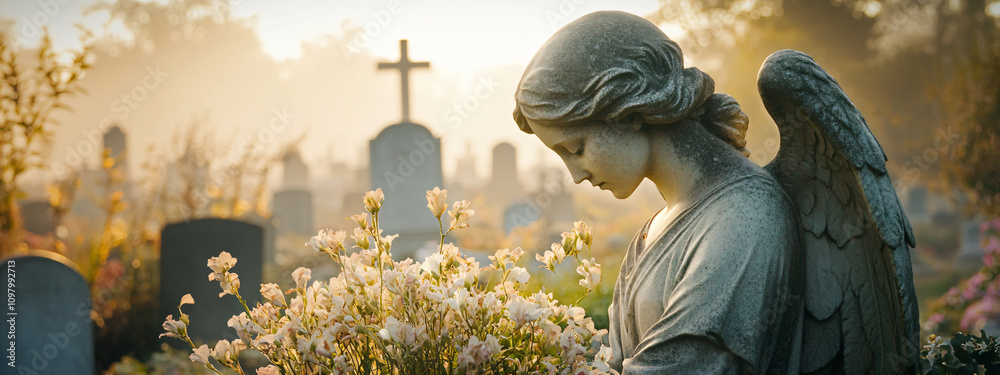 Marble statue of grieving angel, memorial monument slab on sunny ...