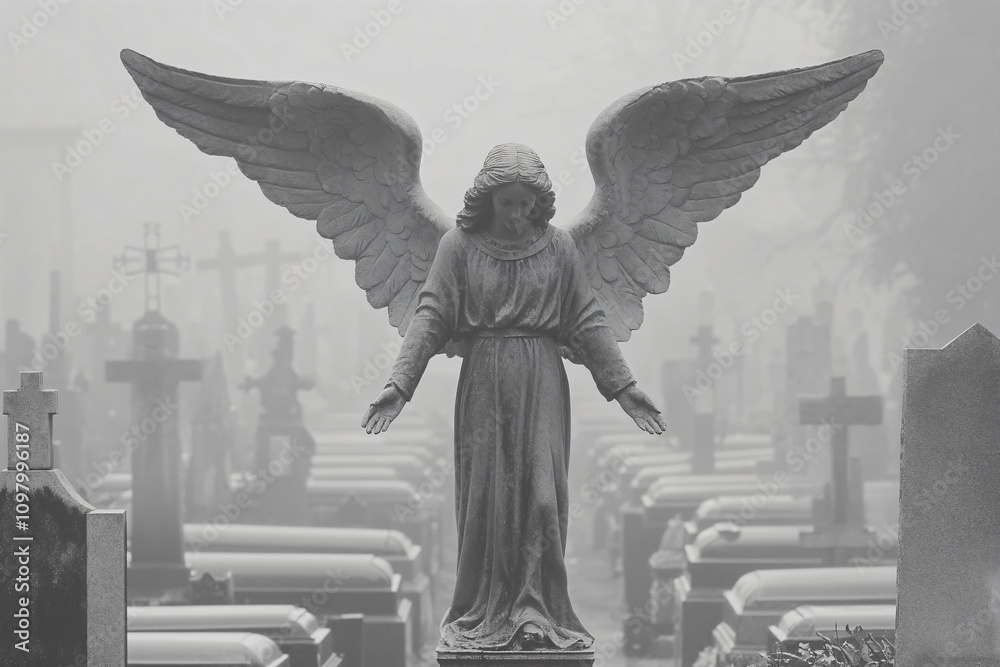 Marble statue of grieving angel, memorial slab monument on background ...