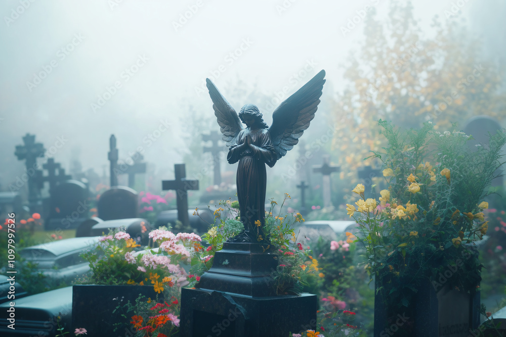 Marble statue of grieving angel, memorial monument slab on cemetery ...
