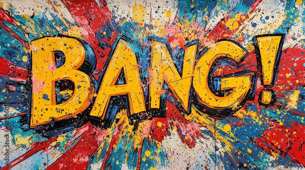 The image presents a vibrant splash of colors with bold yellow 'BANG ...