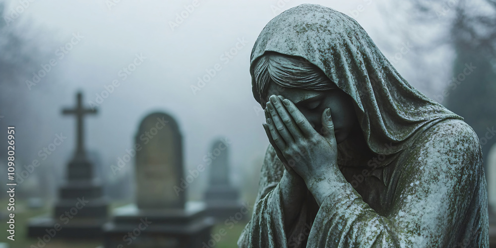 Marble statue of grieving mother,wife and woman, memorial plaque ...